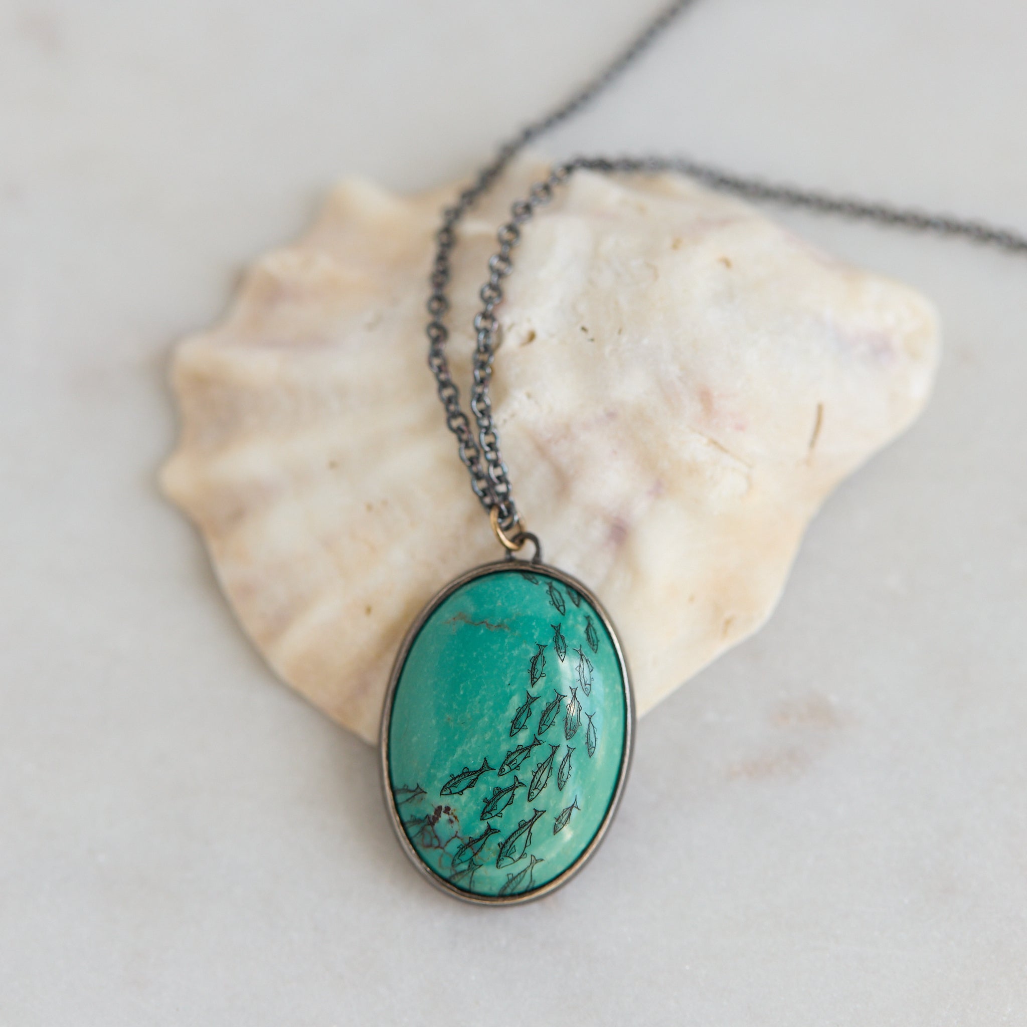 Maritime Swarm Kingman Turquoise Scrimshaw Necklace – Hannah Blount Jewelry
